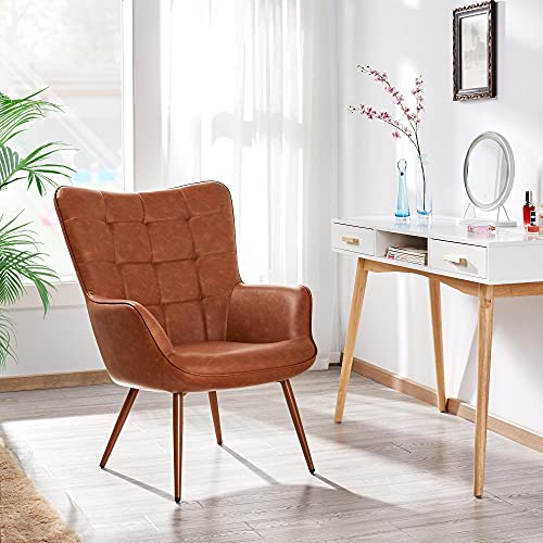 Topeakmart PU Leather Accent Chair, Modern Armchair with Tufted High Back, Oversized Vanity Chair Reading Chair for Living Room/Bedroom, Brown