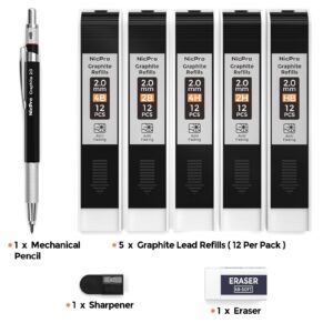 Nicpro 2.0 mm Mechanical Pencil Set, Artist Metal Lead Holder Metal Marker Carpenter pencils with 60 Graphite Lead Refill HB, 2H, 4H, 2B, 4B, Eraser, Sharpener for Draft Drawing, Writing Art Sketching