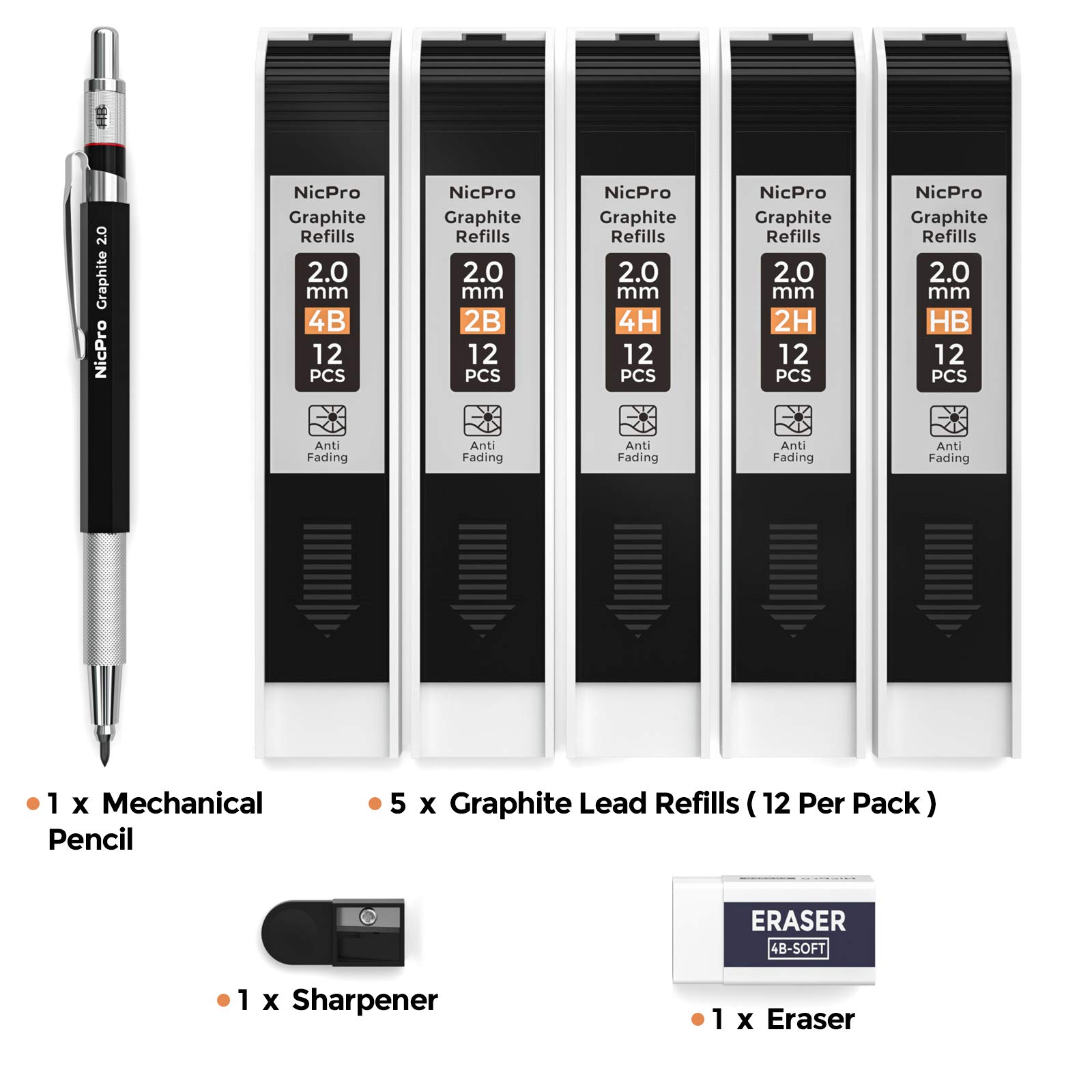 Nicpro 2.0 mm Mechanical Pencil Set, Artist Metal Lead Holder Metal Marker Carpenter pencils with 60 Graphite Lead Refill HB, 2H, 4H, 2B, 4B, Eraser, Sharpener for Draft Drawing, Writing Art Sketching