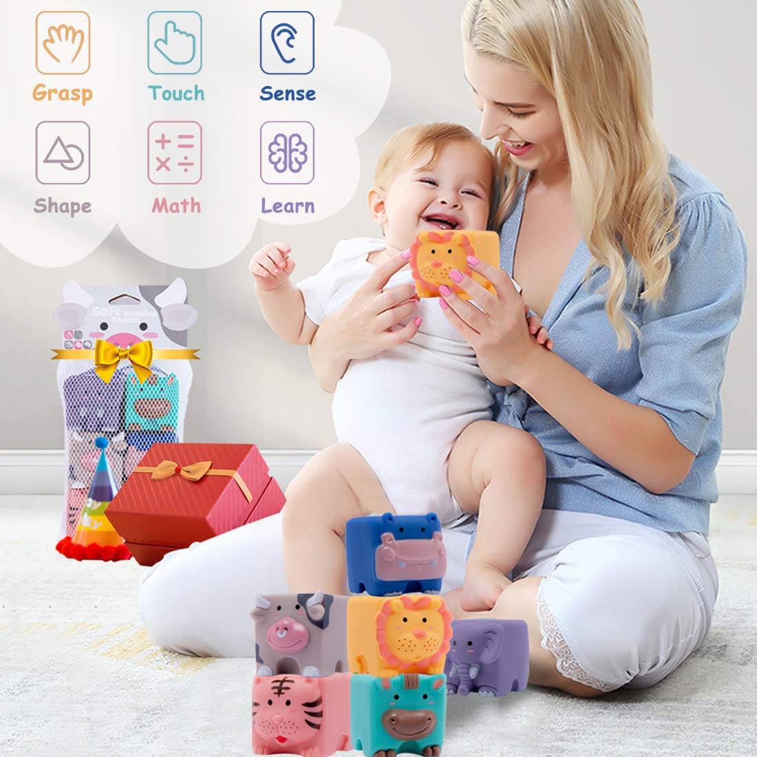 JETM·HH Baby Blocks - Soft Building Blocks Toys for 6 Months Up Toddlers-Soft Blocks for Toddlers - Silicone Bath Toys - Teething Chewable Squeeze 6 PCS Adorable Animals Shapes Set