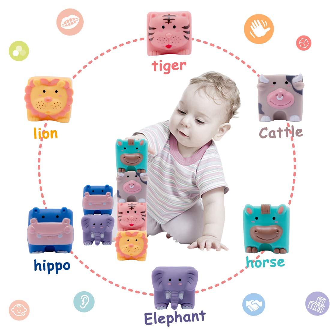 JETM·HH Baby Blocks - Soft Building Blocks Toys for 6 Months Up Toddlers-Soft Blocks for Toddlers - Silicone Bath Toys - Teething Chewable Squeeze 6 PCS Adorable Animals Shapes Set