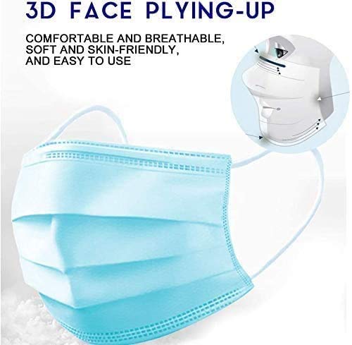 [50 Masks] Disposable Face Mask, 3-Ply Adult Masks, Single Use Facial Cover with Elastic Earloops For Home, Office, School, and Outdoors