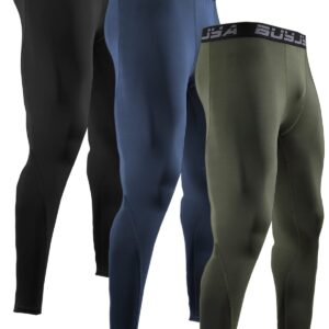 BUYJYA 3 Pack Men's Compression Pants Running Tights Workout Leggings Athletic Cool Dry Yoga Gym Clothes (Blue-Army Green-Black, L)