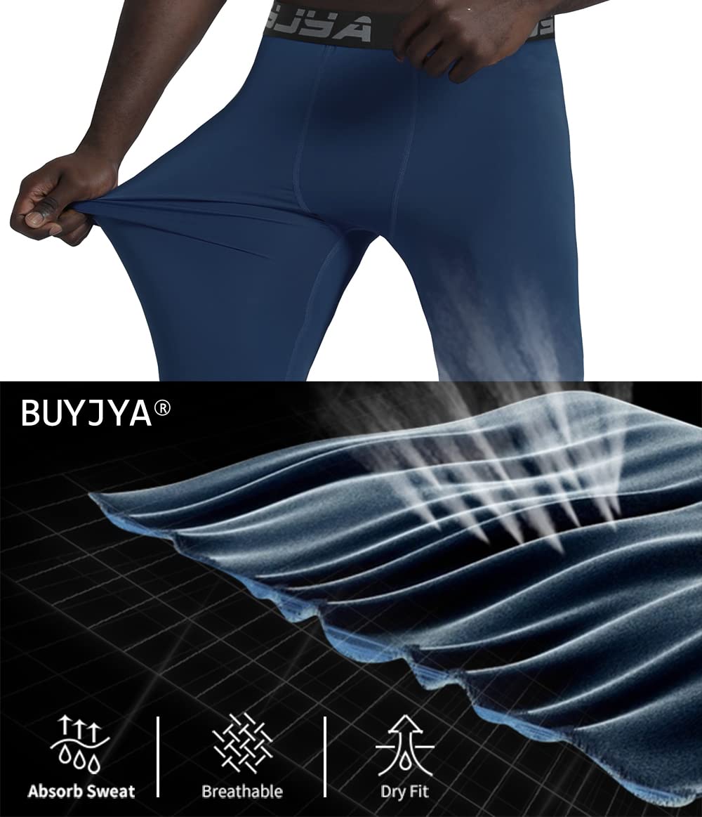 BUYJYA 3 Pack Men's Compression Pants Running Tights Workout Leggings Athletic Cool Dry Yoga Gym Clothes (Blue-Army Green-Black, L)