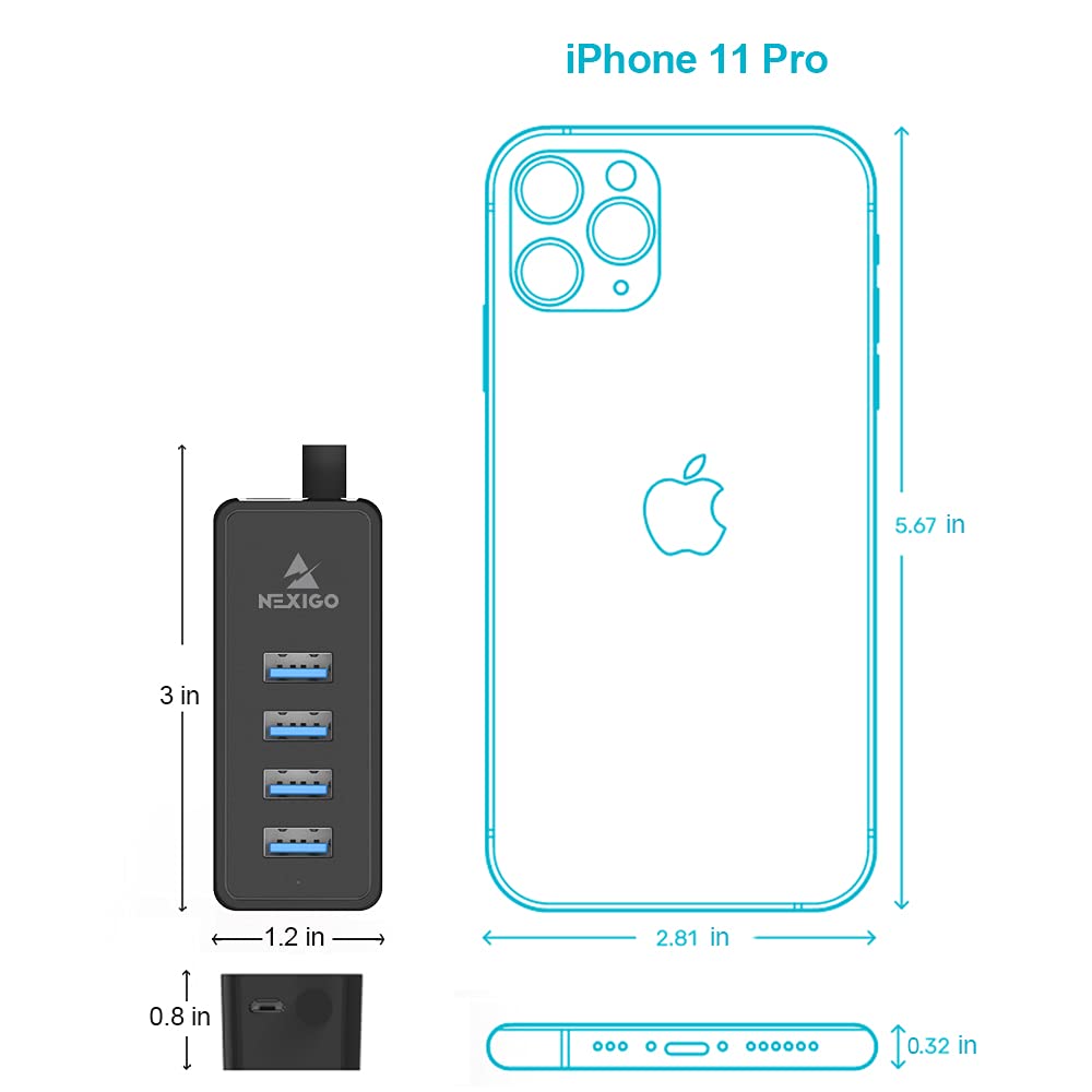 NexiGo 4-Port USB 3.0 Hub, Data USB Hub with 2 ft Extended Cable, for MacBook, Mac Pro, Mac Mini, iMac, Surface Pro, XPS, PC, Flash Drive, Mobile HDD