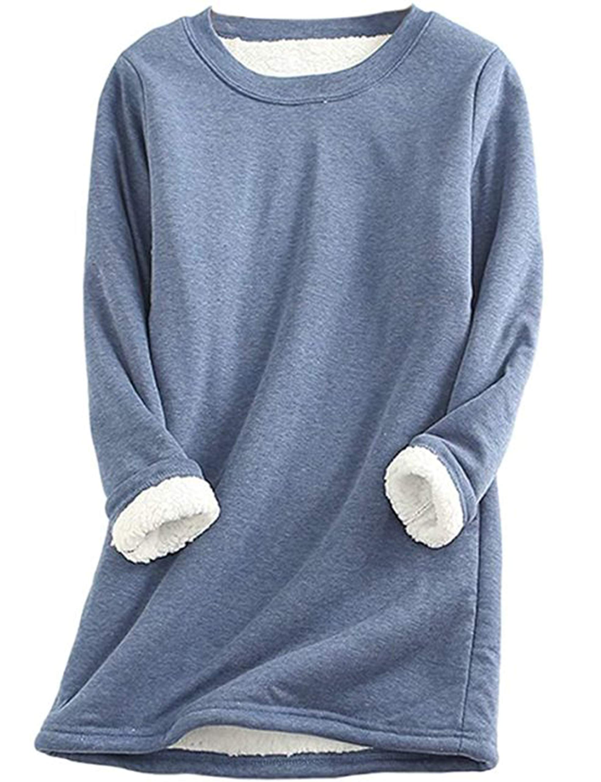 Yeokou Women Warm Sherpa Lined Fleece Crewneck Sport Sweatshirt Pullover Loungewear（Blue-S）