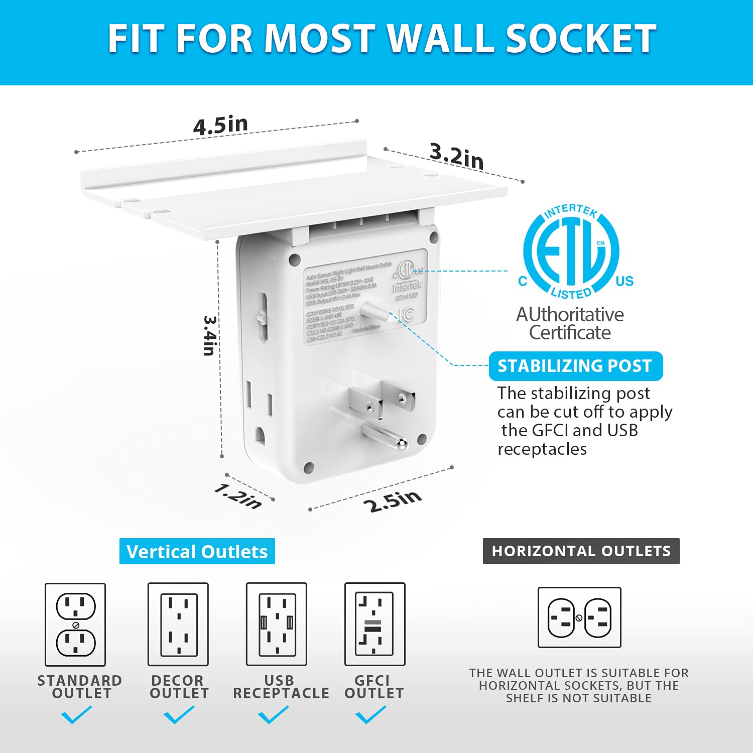 [2-Pack] VINTAR Socket Outlet Shelf-Wall Outlet Extender with Built-in Shelf, Multi Plug Outlet with Adjustable Night Light,3 Power Outlets 2 USB Ports,ETL Certified.