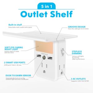 [2-Pack] VINTAR Socket Outlet Shelf-Wall Outlet Extender with Built-in Shelf, Multi Plug Outlet with Adjustable Night Light,3 Power Outlets 2 USB Ports,ETL Certified.