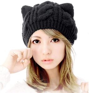 umbworld women girls boys teens cute cat kitty ears knitted crochet cable rib hat cap beanie (black)