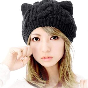 UmbWorld Women Girls Boys Teens Cute CAT Kitty Ears Knitted Crochet Cable Rib Hat Cap Beanie (Black)