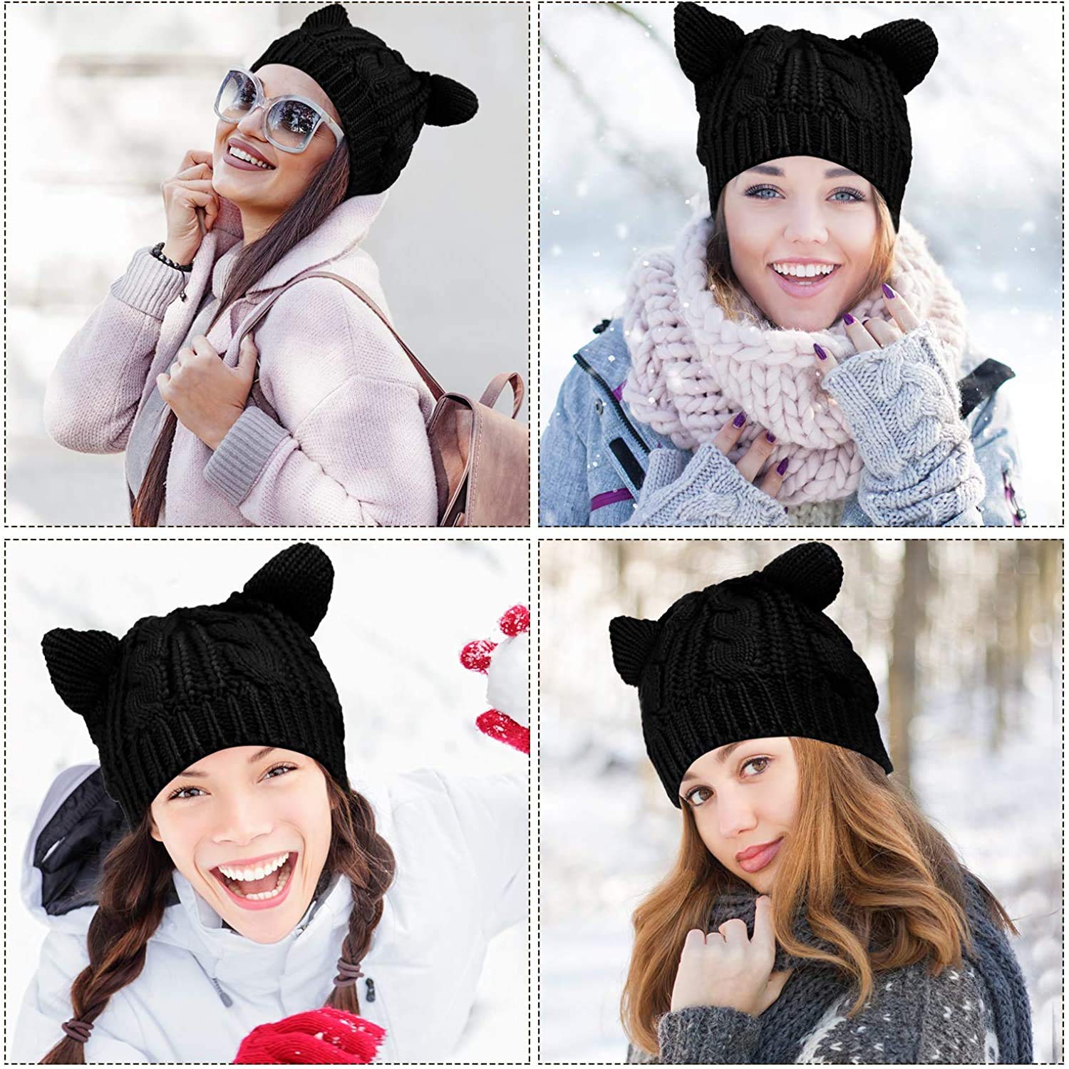 UmbWorld Women Girls Boys Teens Cute CAT Kitty Ears Knitted Crochet Cable Rib Hat Cap Beanie (Black)