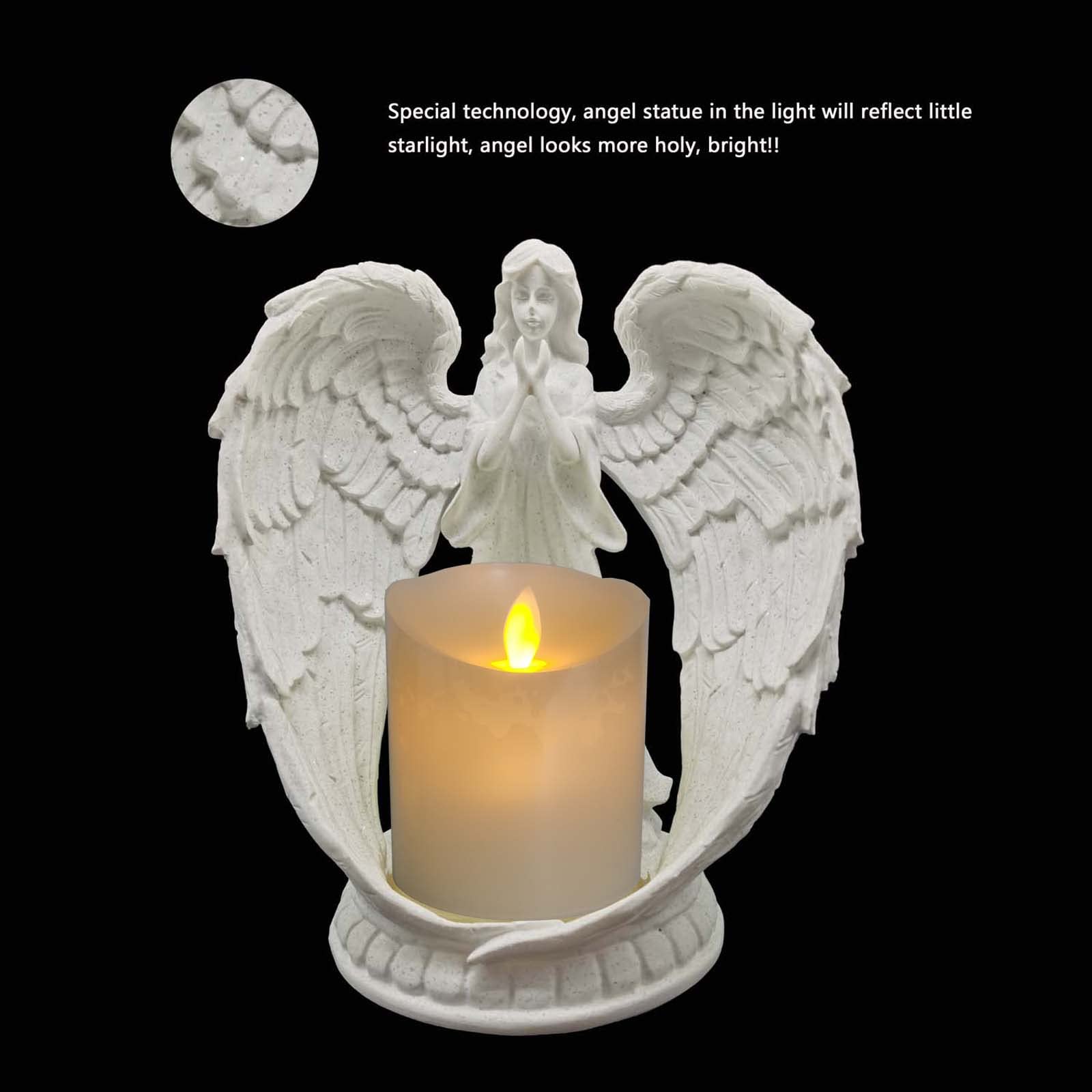 Carefree Fish Starry Sky White Angel Wing Praying Sandstone Statue Angel Figurine Prayer Home Decor Memorial LED Candle Holder 9Inch (Remote Control, with Timing Function.)