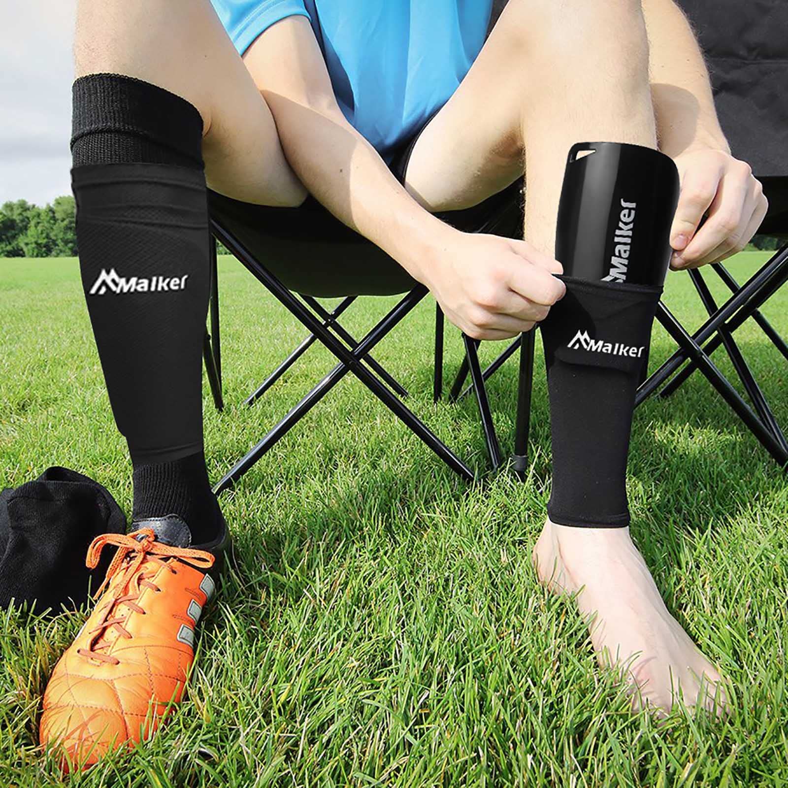 Malker Soccer Shin Guards for Kids Youth Adults Shin Guards Pads with Lower Leg Sleeves, Lightweight and Compact, Protective Soccer Equipment (Black L)