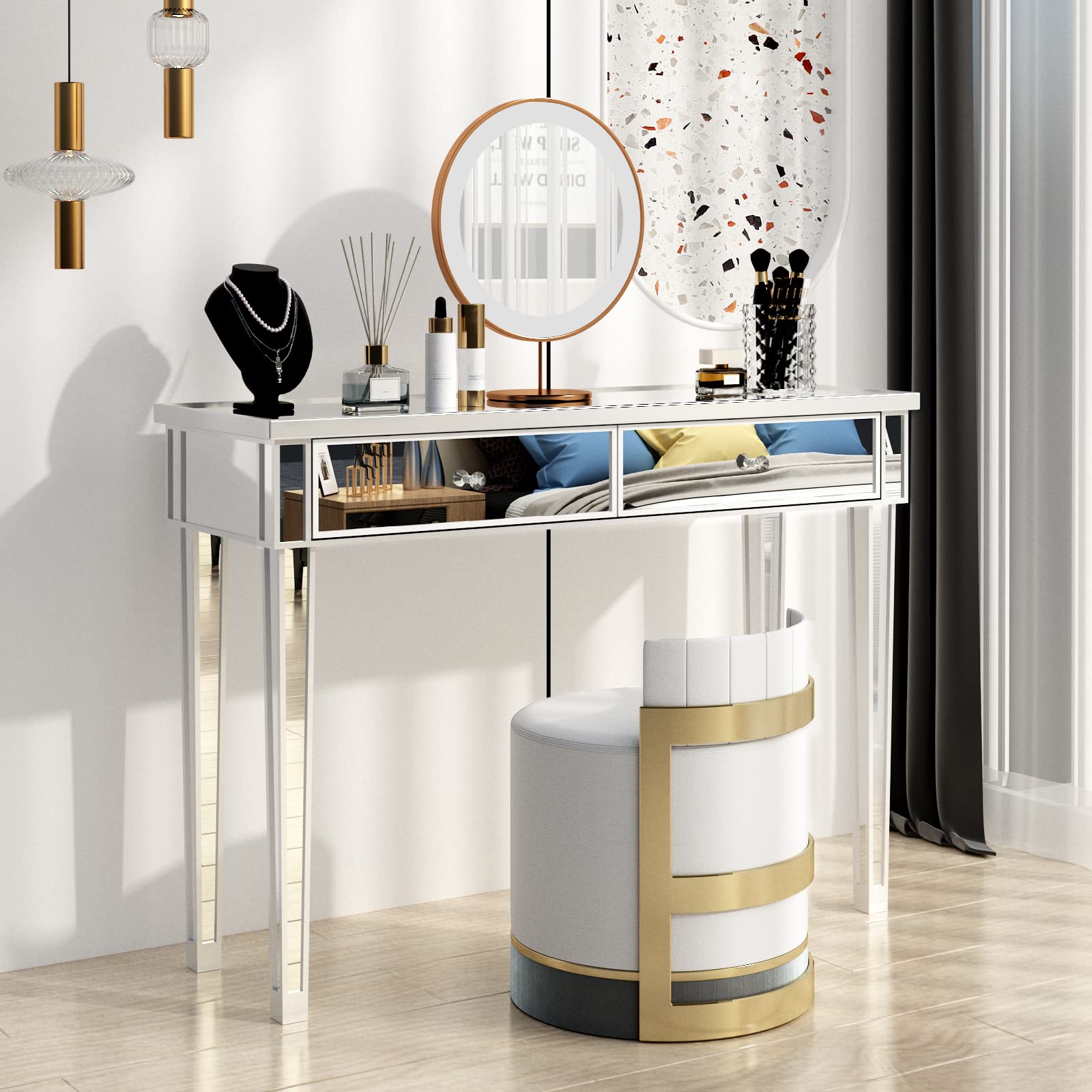 VINGLI Mirrored Vanity Desk with 2 Drawers, Modern Console Table/Sofa Table/Makeup Table (Silver, 41'' x 14'' x 30'')