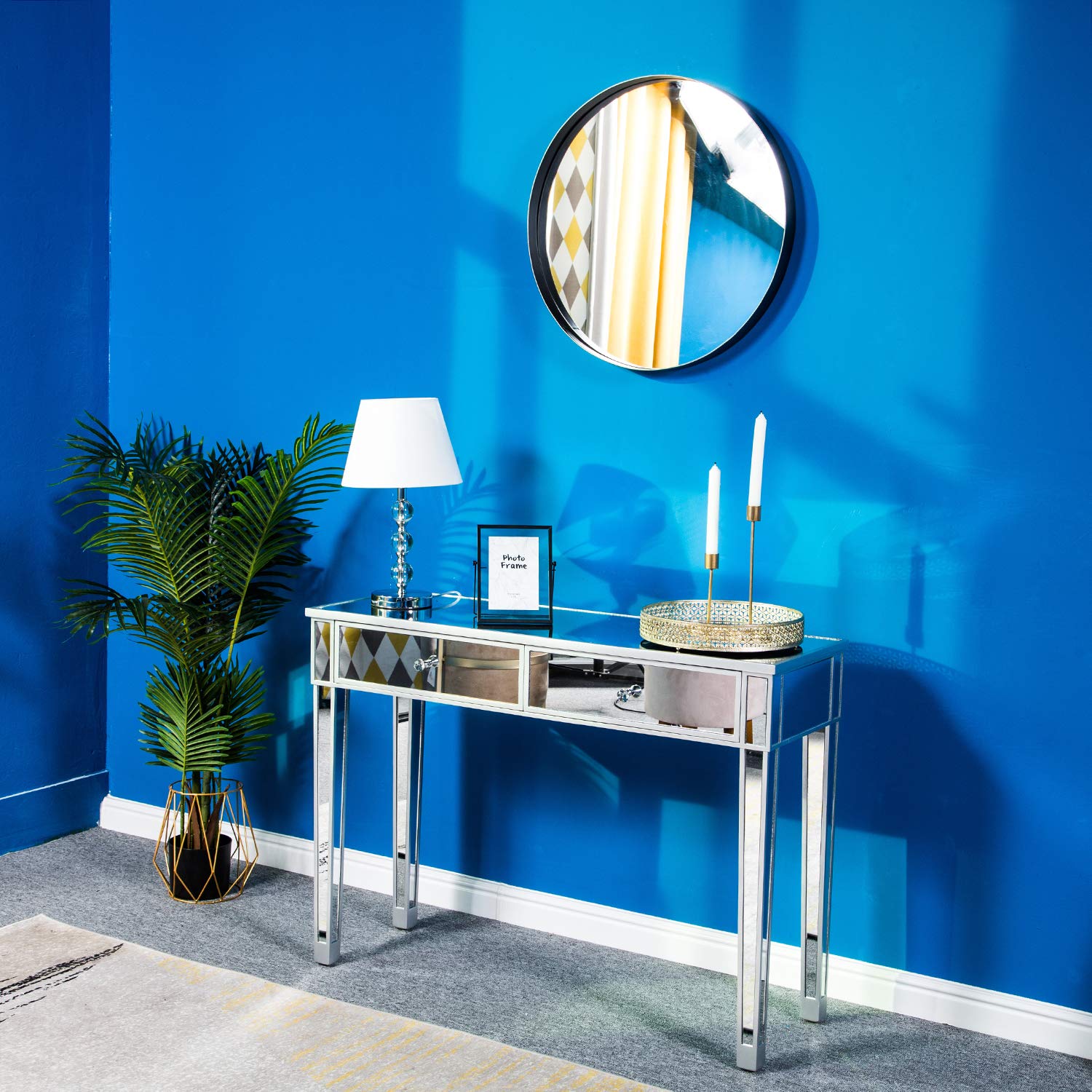 VINGLI Mirrored Vanity Desk with 2 Drawers, Modern Console Table/Sofa Table/Makeup Table (Silver, 41'' x 14'' x 30'')