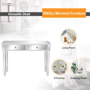 VINGLI Mirrored Vanity Desk with 2 Drawers, Modern Console Table/Sofa Table/Makeup Table (Silver, 41'' x 14'' x 30'')