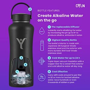 DYLN 40 oz Alkaline Water Bottle | Creates Premium Water up to 9+ pH | Keeps Cold for 24 Hours | Vacuum Insulated 316 Stainless Steel | Wide Mouth Cap | Black, 40 oz (1.2 L)