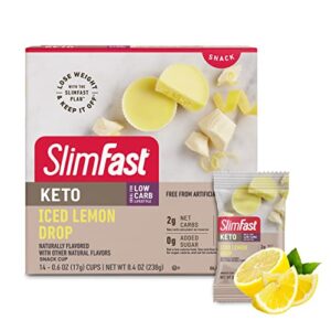 slimfast low carb snacks, keto friendly for weight loss with 0g added sugar & 4g fiber, iced lemon drop cup, 14 count box (packaging may vary)