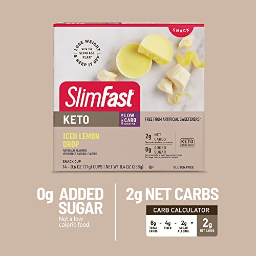 SlimFast Low Carb Snacks, Keto Friendly for Weight Loss with 0g Added Sugar & 4g Fiber, Iced Lemon Drop Cup, 14 Count Box (Packaging May Vary)