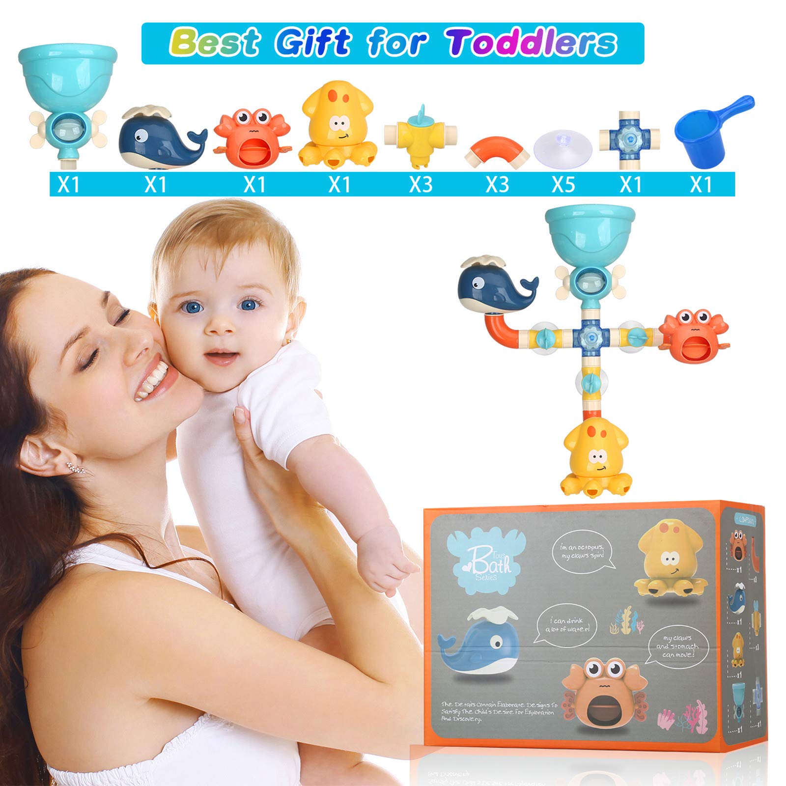 Bath Toys for Toddlers Kids 1 2 3 4 5 Years Old Boys and Girls, Bathtub Toy Baby Bathing DIY Pipes Tubes with Spinning Waterfall Water Spout Color Box