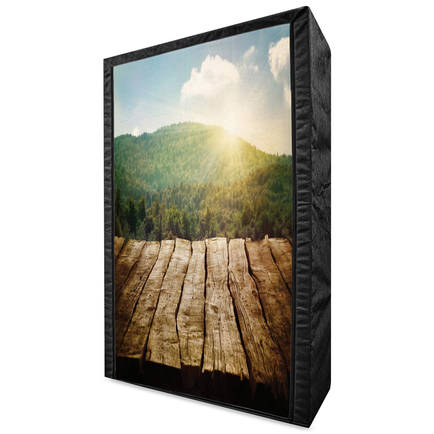 Ambesonne Rustic Portable Fabric Wardrobe, Spring Season Mountain Side Landscape with Sun Rays Blurred Out of Focus Print, Clothing Organizer and Storage Closet with Shelves, 42.5", Brown and Green