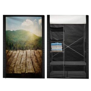 Ambesonne Rustic Portable Fabric Wardrobe, Spring Season Mountain Side Landscape with Sun Rays Blurred Out of Focus Print, Clothing Organizer and Storage Closet with Shelves, 42.5", Brown and Green