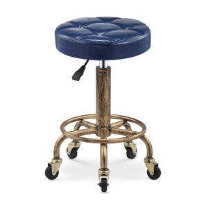 hairdressing saddle stool with wheels，lash stool with blue pu synthetic leather seat，adjustable height 50-64 cm，supported weight 160 kg，barber stoolfor hairdresser barber tattoo also for home office