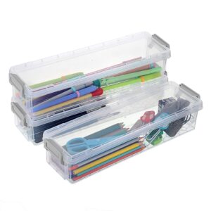 btsky long plastic stackable box home, office supplies storage organizer box pencil box plastic organizer holder for gel pens erasers tape pens pencils markers etc- 3 pack - clear with grey clip