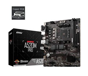 msi a520m pro gaming motherboard (amd am4, ddr4, pcie 4.0, sata 6gb/s, dual m.2, usb 3.2 gen 1, hdmi/dp, micro-atx)