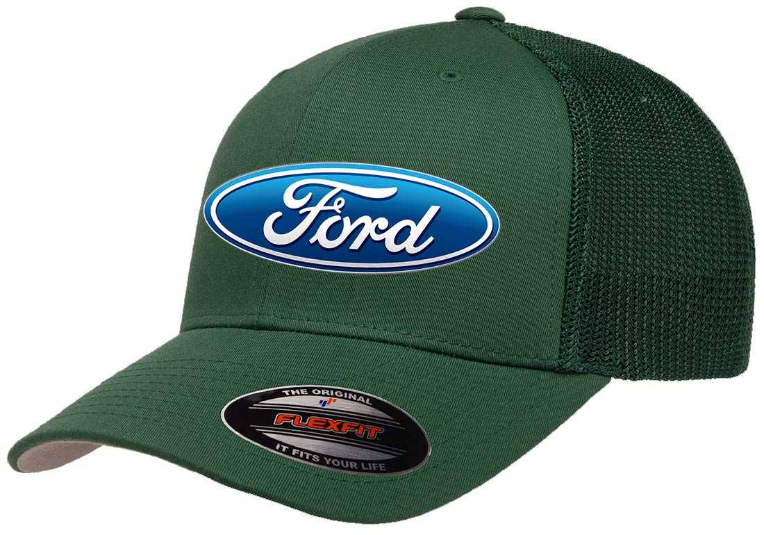 Ford Oval Script Logo Flexfit Trucker Mesh Fitted Cap Forest