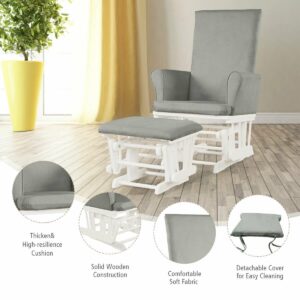 Costzon Baby Glider and Ottoman Cushion Set, Wood Baby Rocker Nursery Furniture for Napping, Nursing, Reading, Upholstered Hoop Glider & Ottoman Comfort Nursery Chair w/Padded Armrests (Gray)