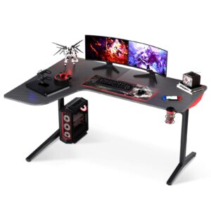 motpk large l shaped gaming desk, 60-inch real carbon fiber gaming desks for pc writing studying, corner desk for home office laptop workstation, with mouse pad and cup holder