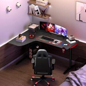 MOTPK Large L Shaped Gaming Desk, 60-inch Real Carbon Fiber Gaming Desks for PC Writing Studying, Corner Desk for Home Office Laptop Workstation, with Mouse Pad and Cup Holder