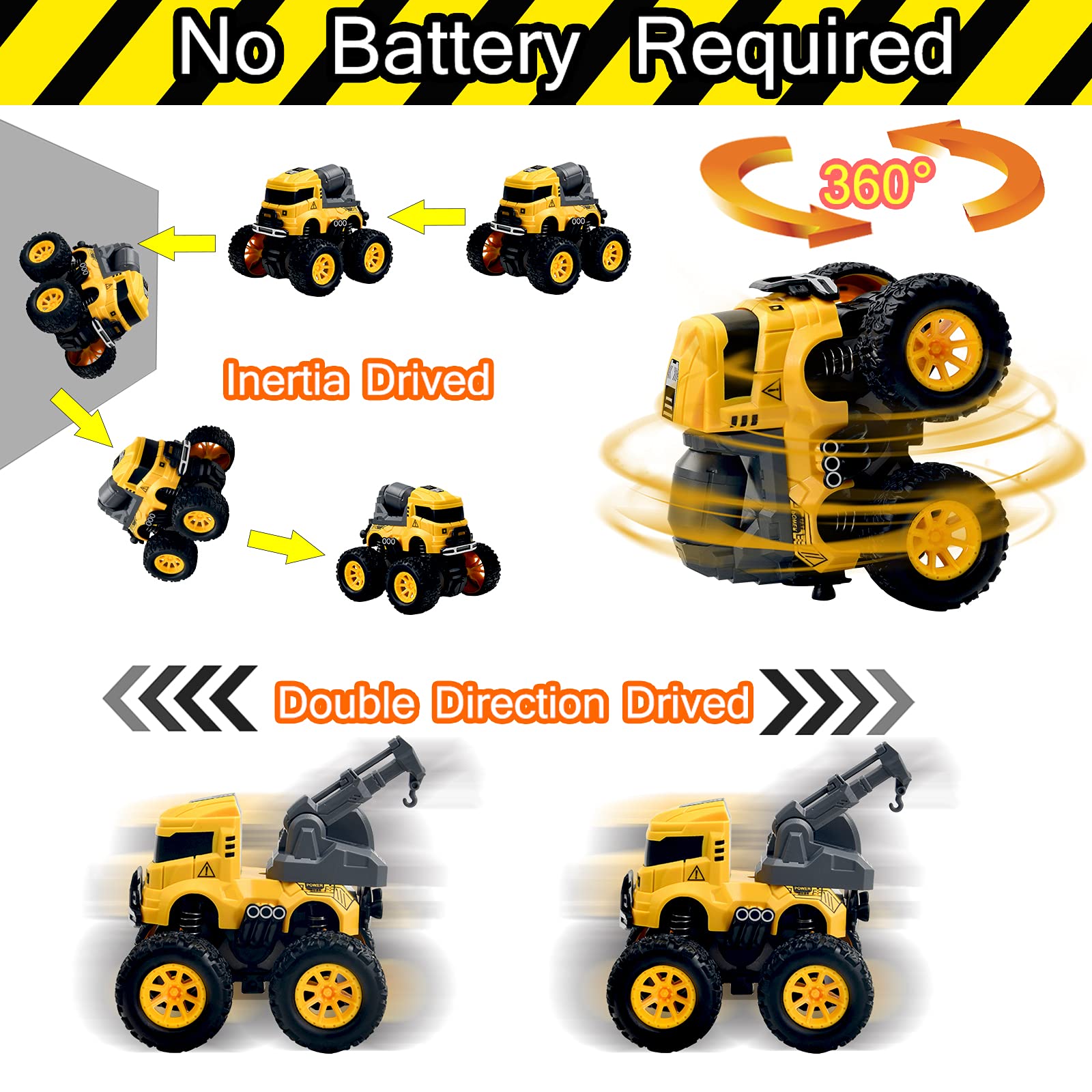 Construction Truck Toys - 4 Pack Excavator, Mixer, Crane, Dump Trucks Push and Go Friction Powered Cars Monster Stunt Vehicles Playset Kids Birthday Party Favors Gifts for 3+ Year Old Boys Girls