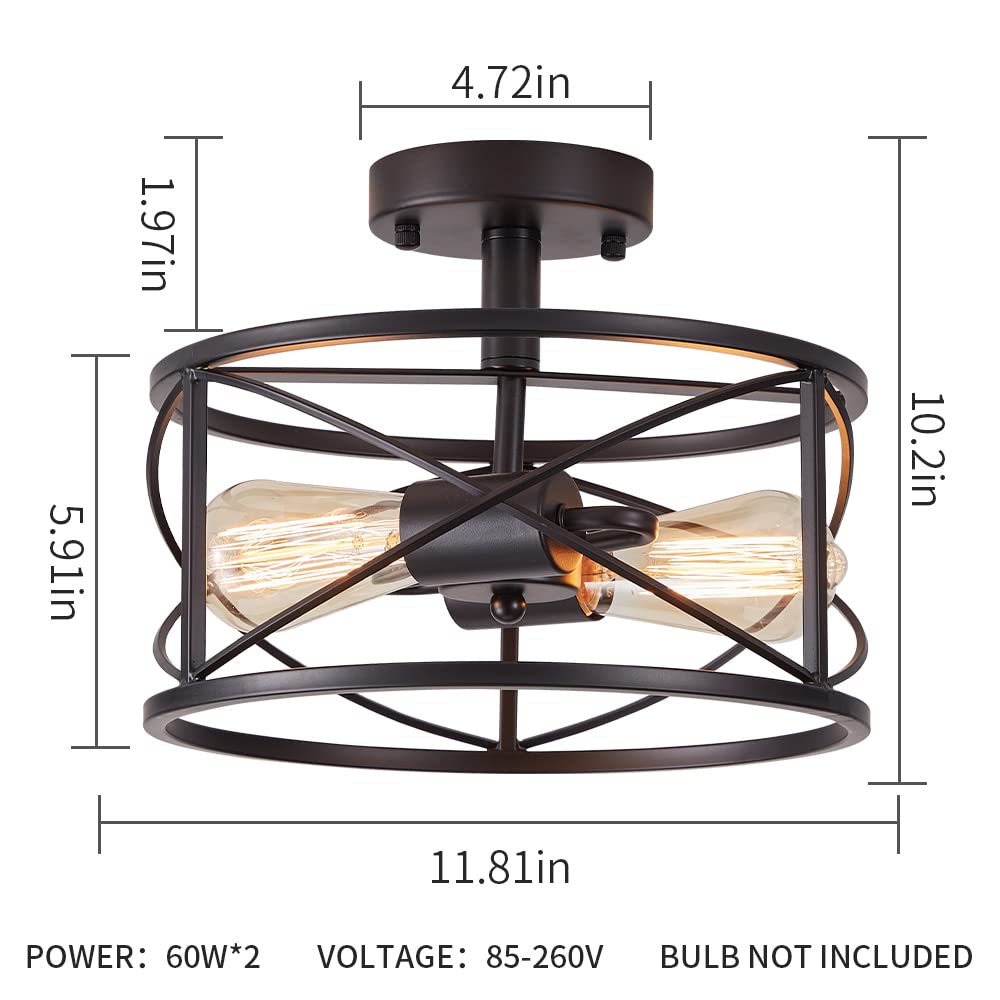 Black Semi Flush Ceiling Light Fixture, 2-Light Farmhouse Flush Mount Light Fixtures, Modern Industrial Metal Cage Pendant Lighting for Hallway, Bedroom, Kitchen, Foyer, Living Room, Dining Room