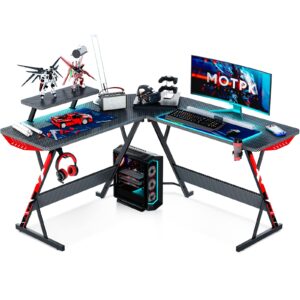 motpk l shaped gaming desk with carbon fiber surface, corner computer desk l shape with monitor shelf, gamer desk gaming table with cup holder & headphone hook, black, 51 inch