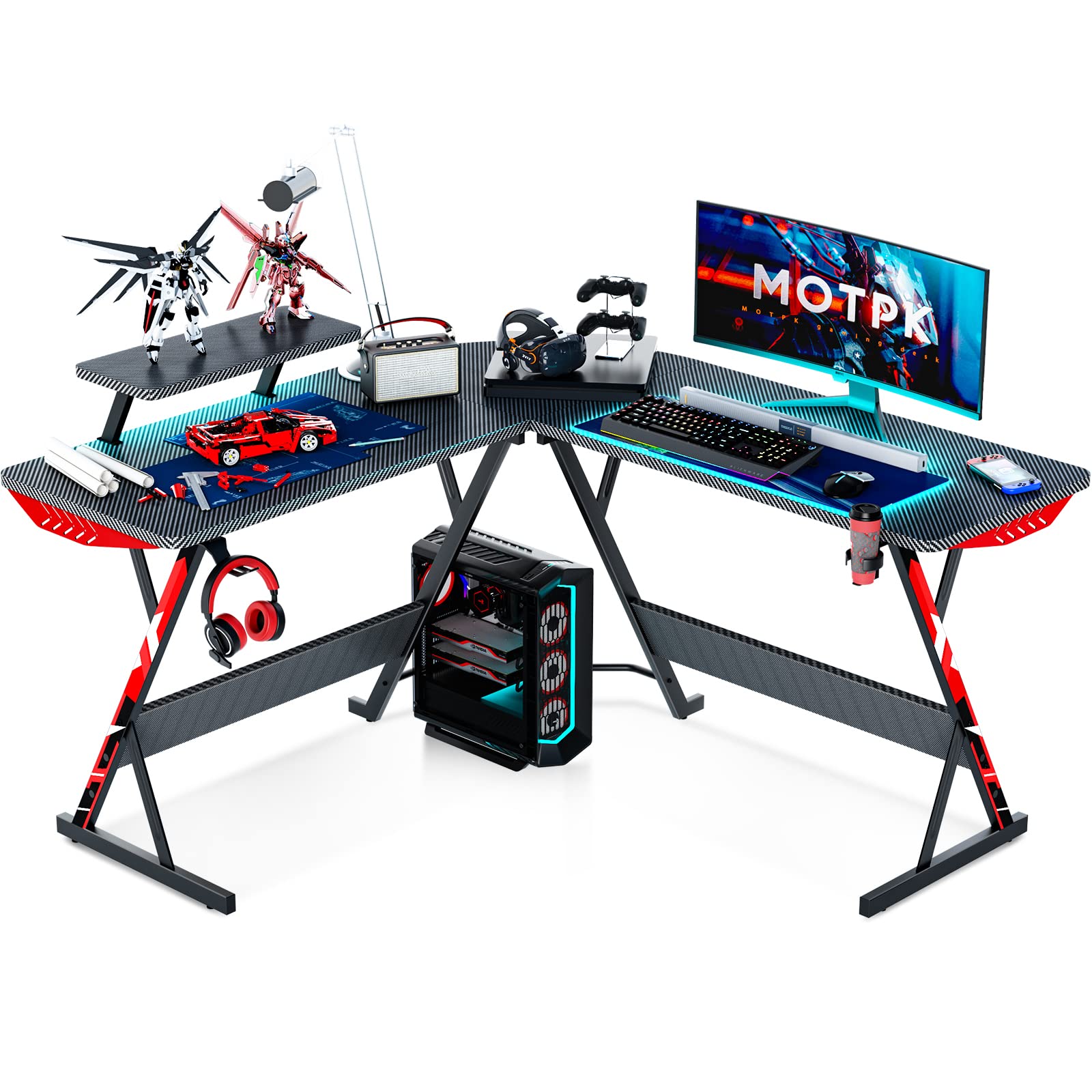 MOTPK L Shaped Gaming Desk with Carbon Fiber Surface, Corner Computer Desk L Shape with Monitor Shelf, Gamer Desk Gaming Table with Cup Holder & Headphone Hook, Black, 51 Inch