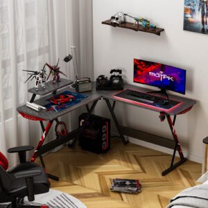 MOTPK L Shaped Gaming Desk with Carbon Fiber Surface, Corner Computer Desk L Shape with Monitor Shelf, Gamer Desk Gaming Table with Cup Holder & Headphone Hook, Black, 51 Inch