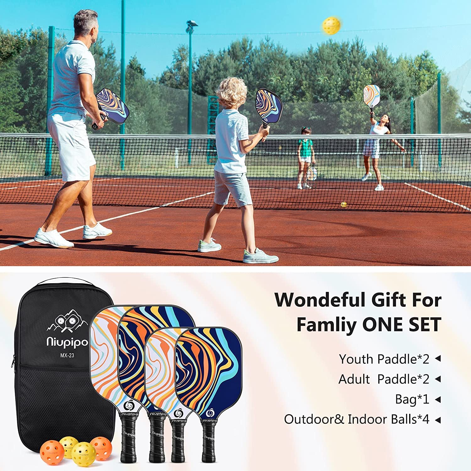 Niupipo Pickleball Paddles, Parent, Child Pickleball Set, USAPA Approved Pickleball Paddles 4 Pack, 4 Balls, 1 Pickleball Bag, Fiberglass, Lightweight Pickleball Paddle