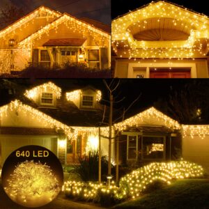 LED Icicle Lights, 640 LED Christmas Lights, 65.6ft 8 Modes Plug in Fairy String Lights with 120 Drops for Indoor Bedroom Outdoor Window, Christmas Party Decoration (Warm White)