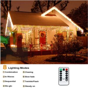 LED Icicle Lights, 640 LED Christmas Lights, 65.6ft 8 Modes Plug in Fairy String Lights with 120 Drops for Indoor Bedroom Outdoor Window, Christmas Party Decoration (Warm White)