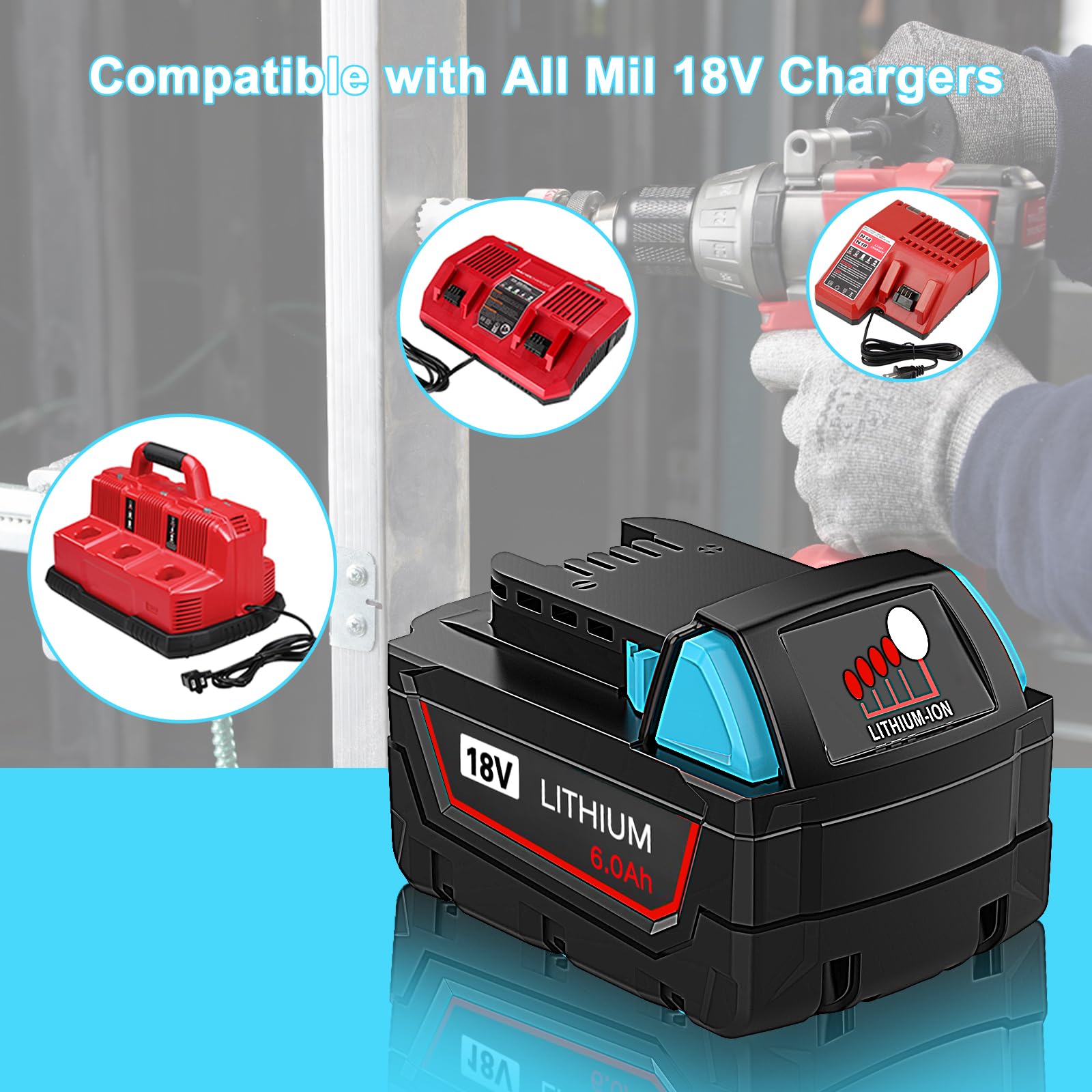 Amsbat 【Upgraded to 6000mAh 18V Battery Replacement for Milwaukee Compatible with Milwaukee Lithium Battery Compatible with Milwaukee 18V Batteries 48-11-1850 48-11-1862 48-11-1840（1 Pack）