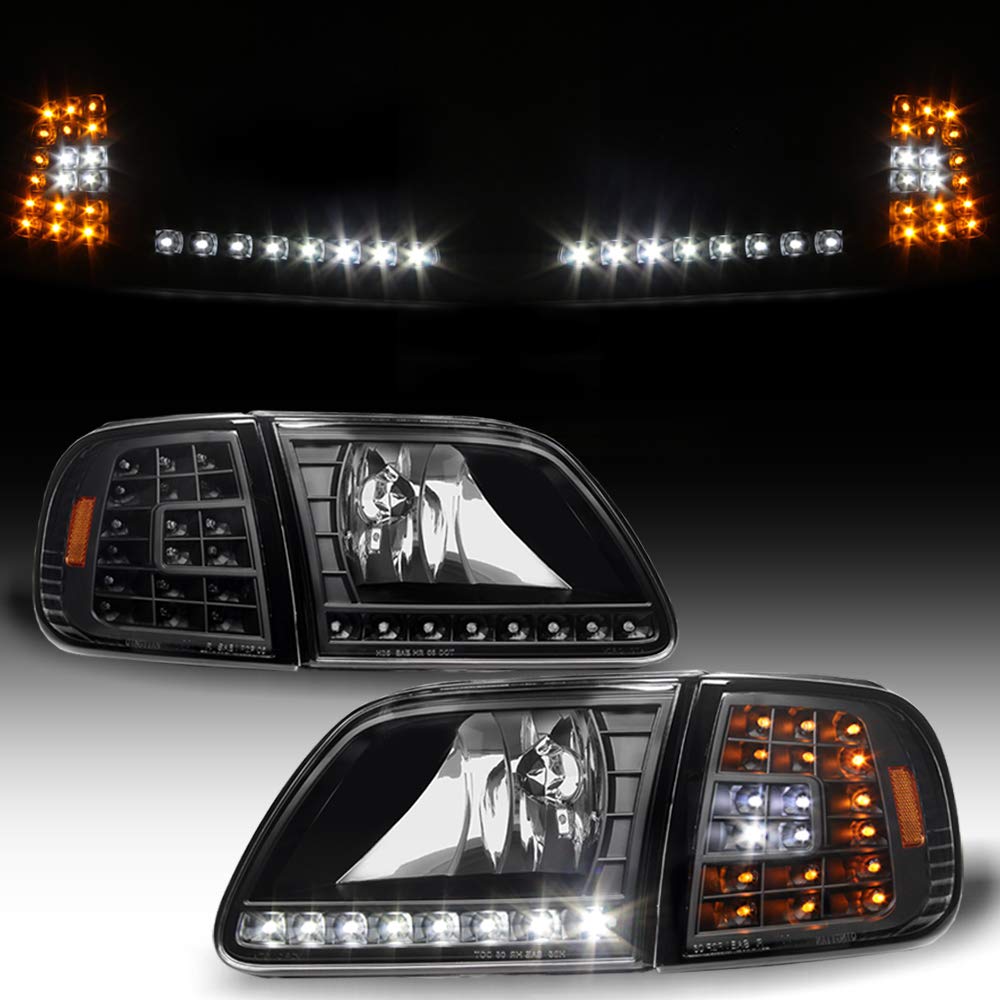 ACANII - For 1997-2003 Ford F150 Expedition Black Housing LED Strip & Corner Signal Headlights Headlamps Pair Left+Right