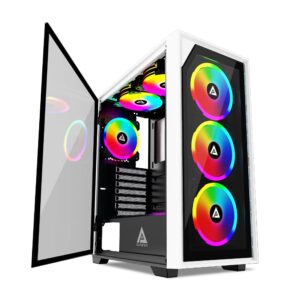 apevia g-pro-wh genesis pro mid tower gaming case with 2 x tempered glass panel, top usb3.0/usb2.0/audio ports, 6 x rgb fans, white frame