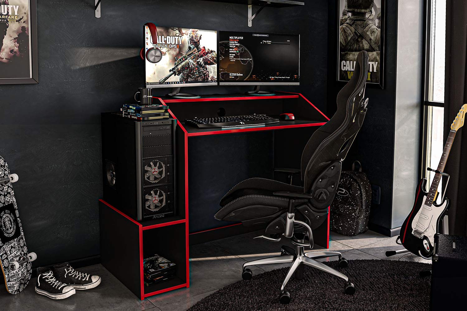 Polifurniture Legend Gaming Desk, Black & Red