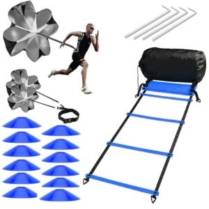 xinxiang agility ladder speed training equipment set - 20ft agility ladder, 12 soccer cones, running parachute, 4 metal stakes and carrying bag, kids youth soccer training equipment - blue