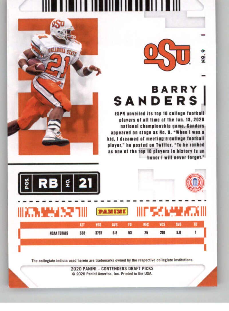 2020 Panini Contenders Draft Season Ticket #9 Barry Sanders Oklahoma State Cowboys Football Card