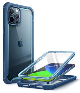 i-blason ares case for iphone 12 pro max 6.7 inch (2020 release), dual layer rugged clear bumper case with built-in screen protector (blue)