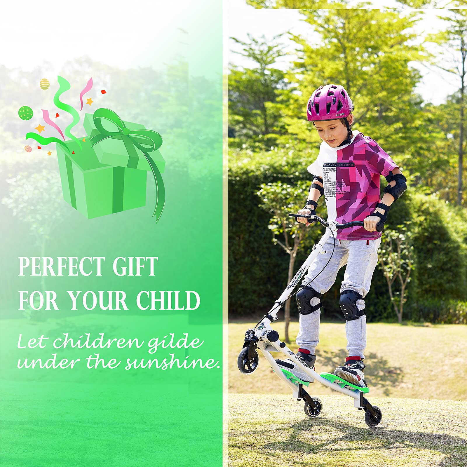 Foldable 3 Wheel Swing Wiggle Scooter with 3-Level Adjustable Height Handle and Quick-Release Folding System, Wiggle Scooter for Kids Ages 3-12