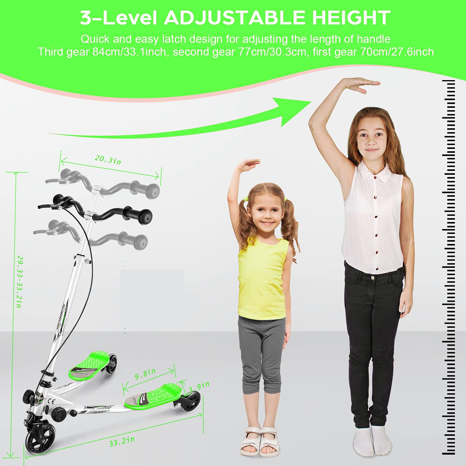 Foldable 3 Wheel Swing Wiggle Scooter with 3-Level Adjustable Height Handle and Quick-Release Folding System, Wiggle Scooter for Kids Ages 3-12